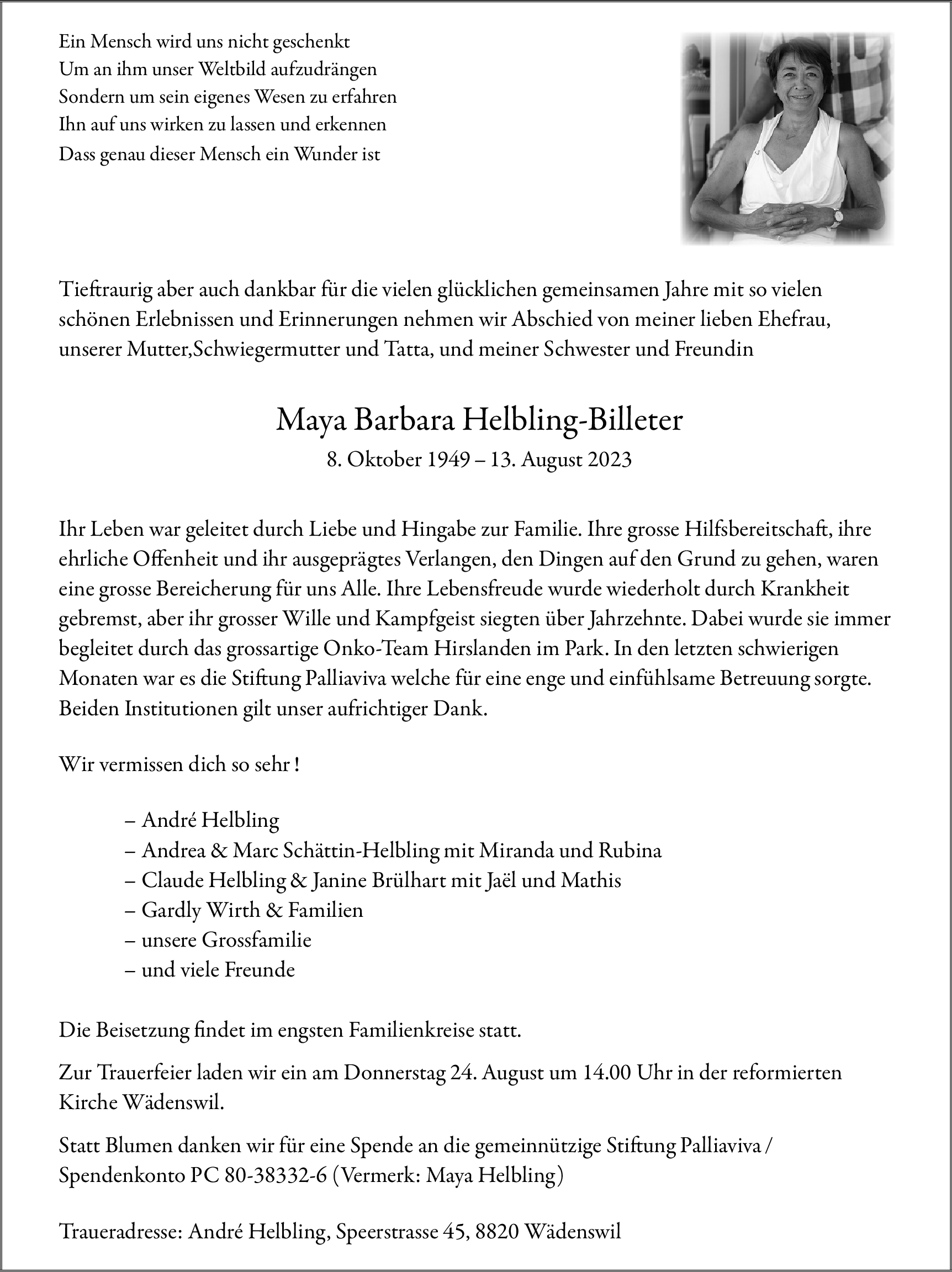 Maya Barbara Helbling-Billeter | Hommages