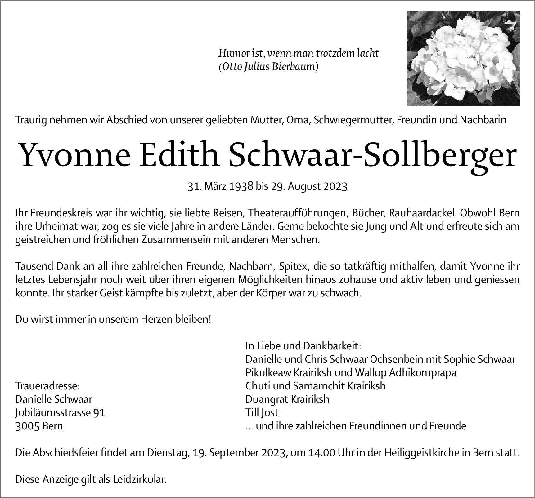 Yvonne Edith Schwaar-Sollberger | Hommages