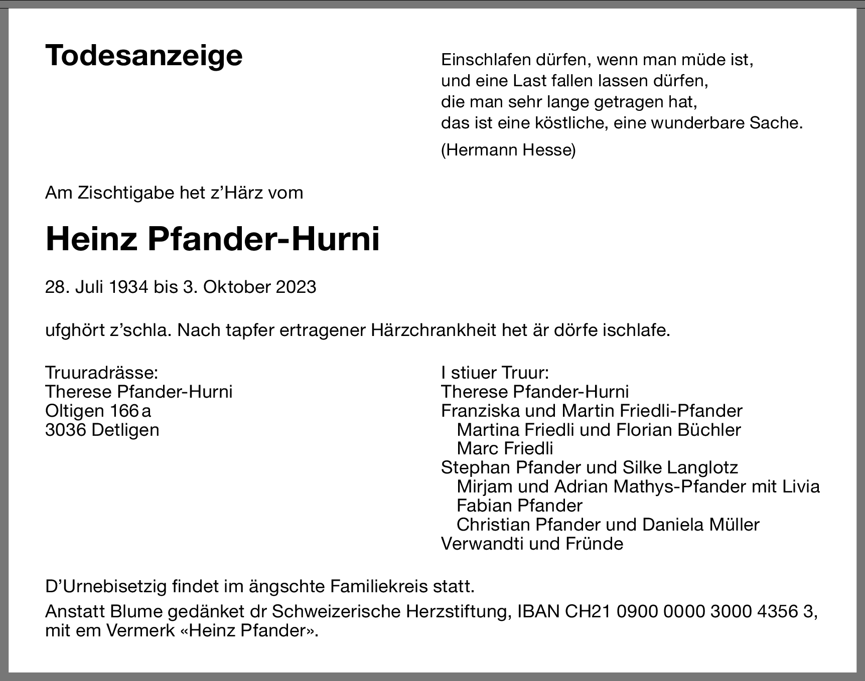 Heinz Pfander-Hurni | Hommages