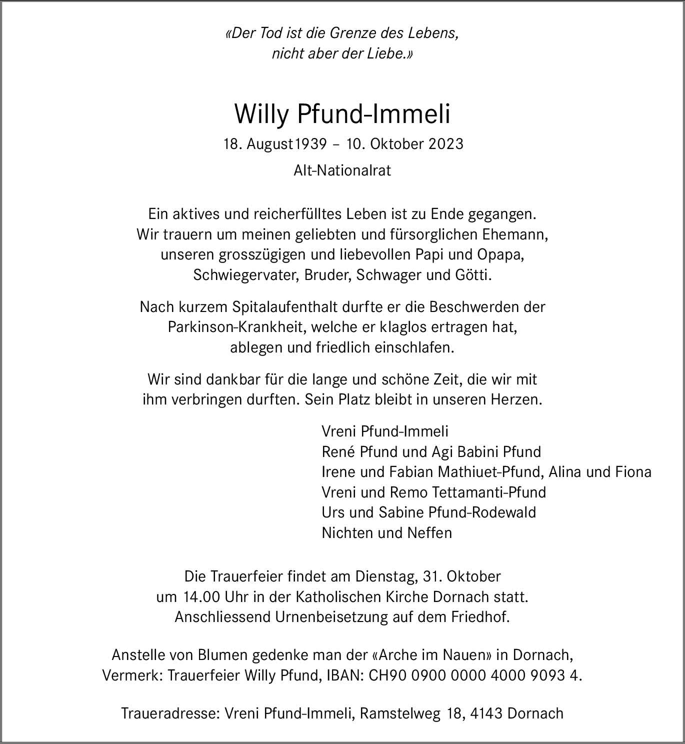 Willy Pfund-Immeli | Hommages