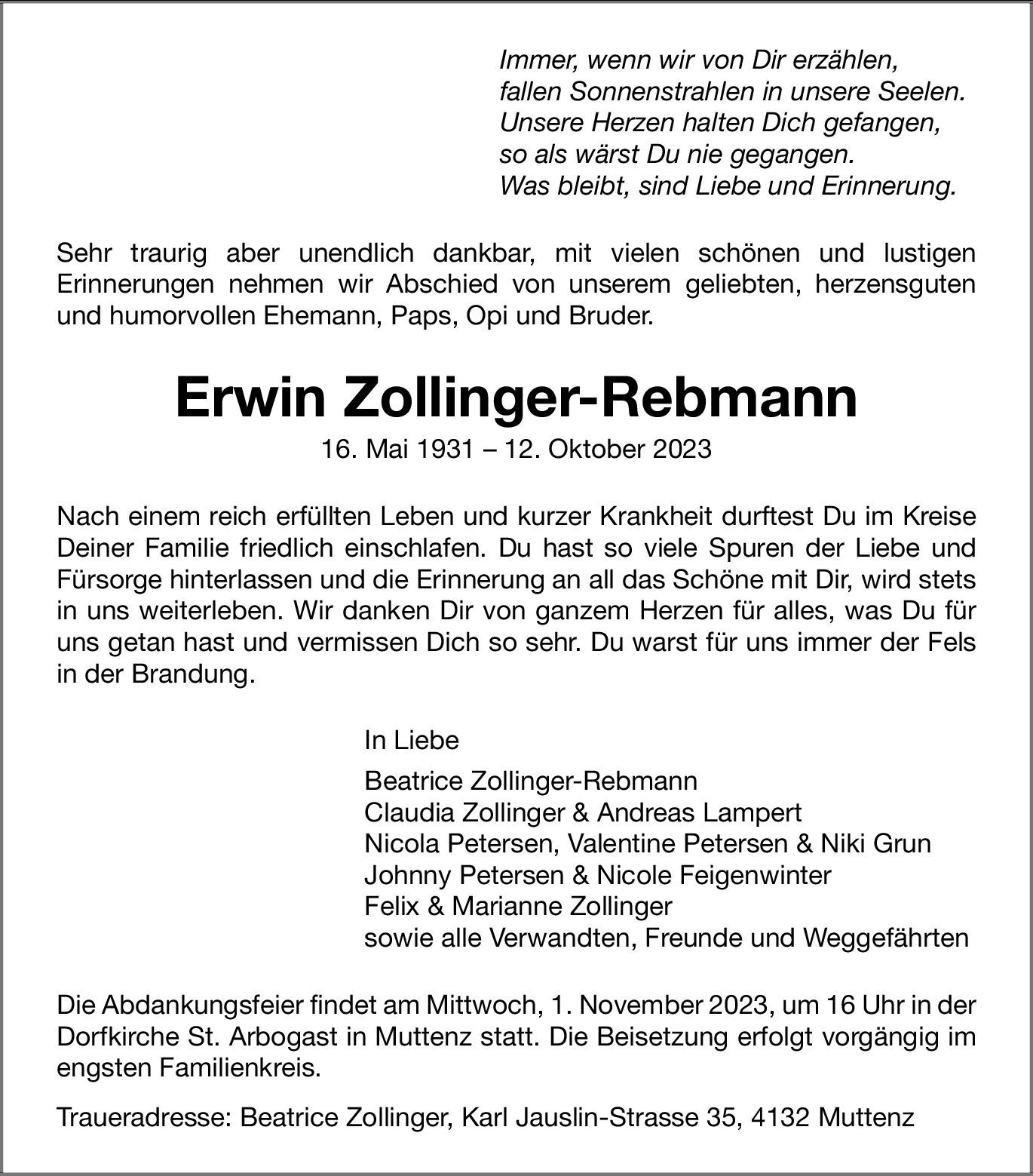 Erwin Zollinger-Rebmann | Hommages