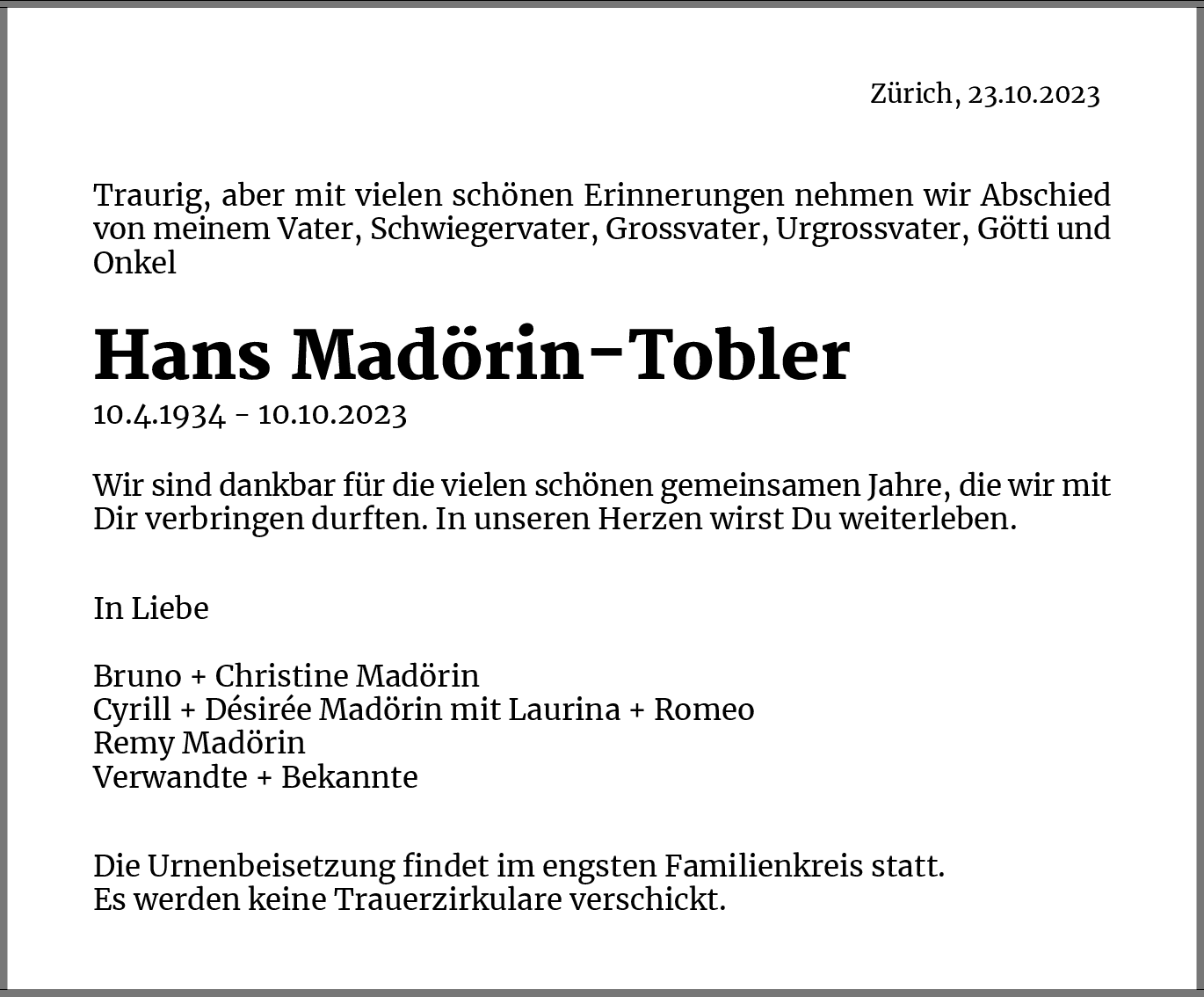 Hans Madörin-Tobler | Hommages