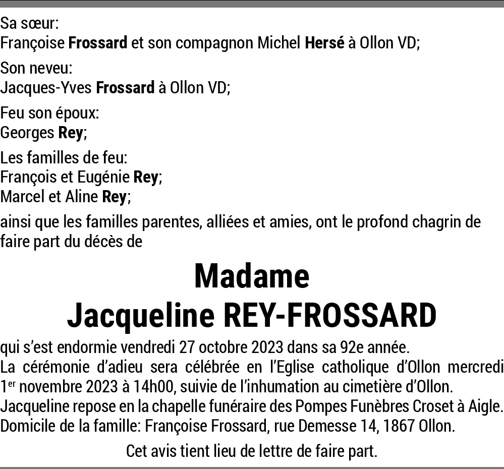 Jacqueline Rey-Frossard | Hommages