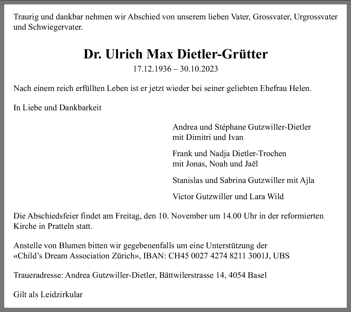 Ulrich Max Dietler-Grütter | Hommages