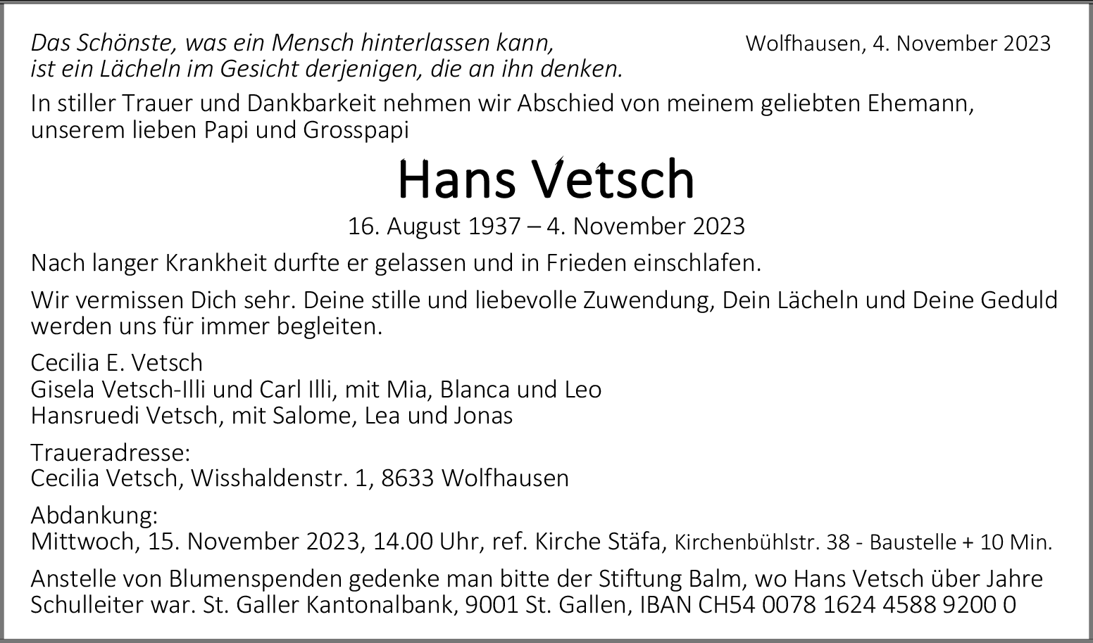 Hans Vetsch | Hommages