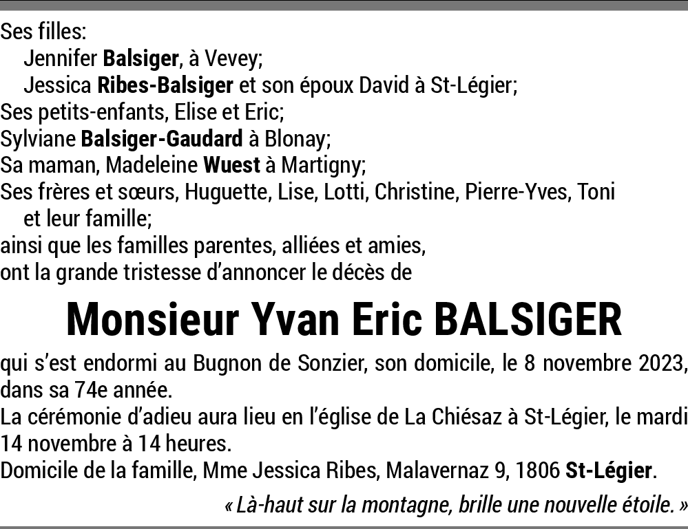 Yvan Eric Balsiger | Hommages