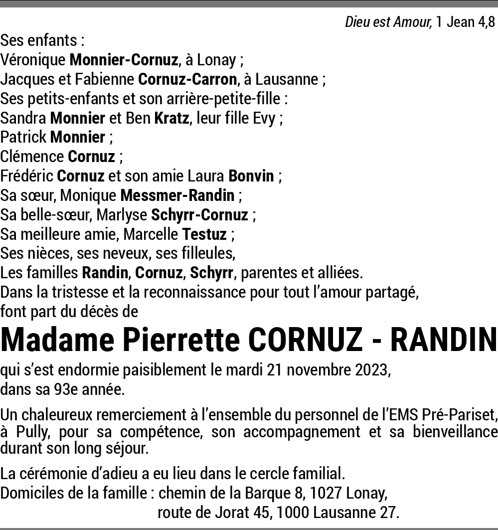 Pierrette Cornuz-Randin | Hommages