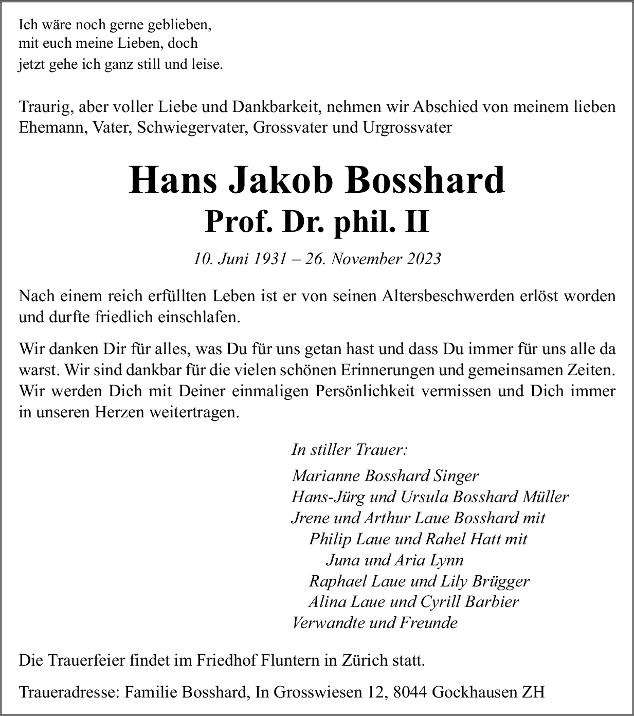 Hans Jakob Bosshard | Hommages