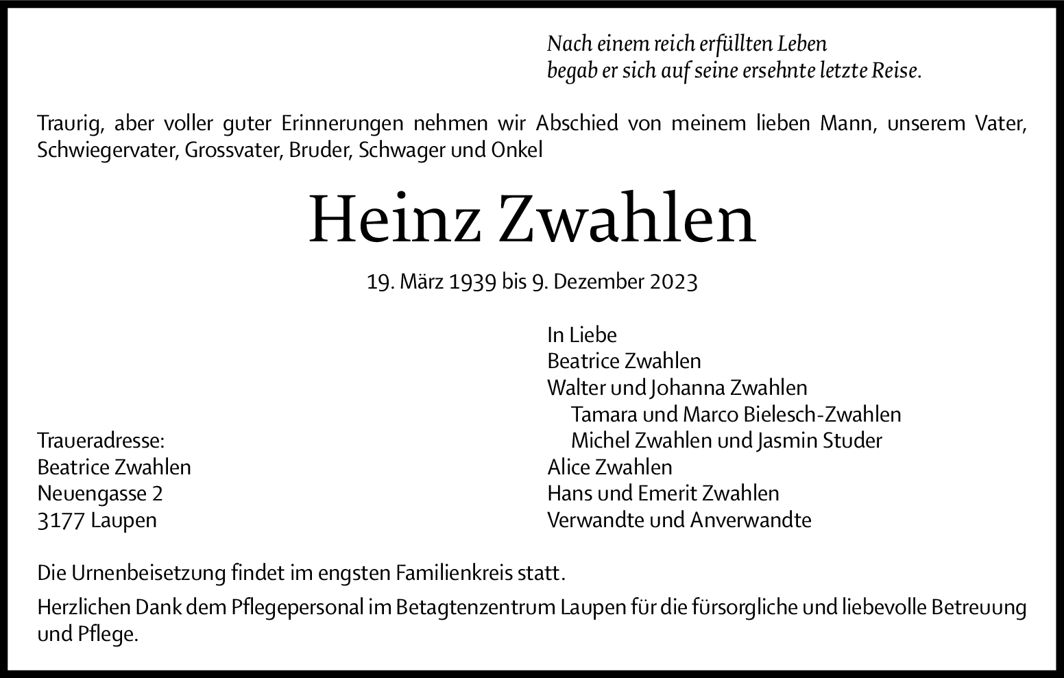 Heinz Zwahlen | Hommages