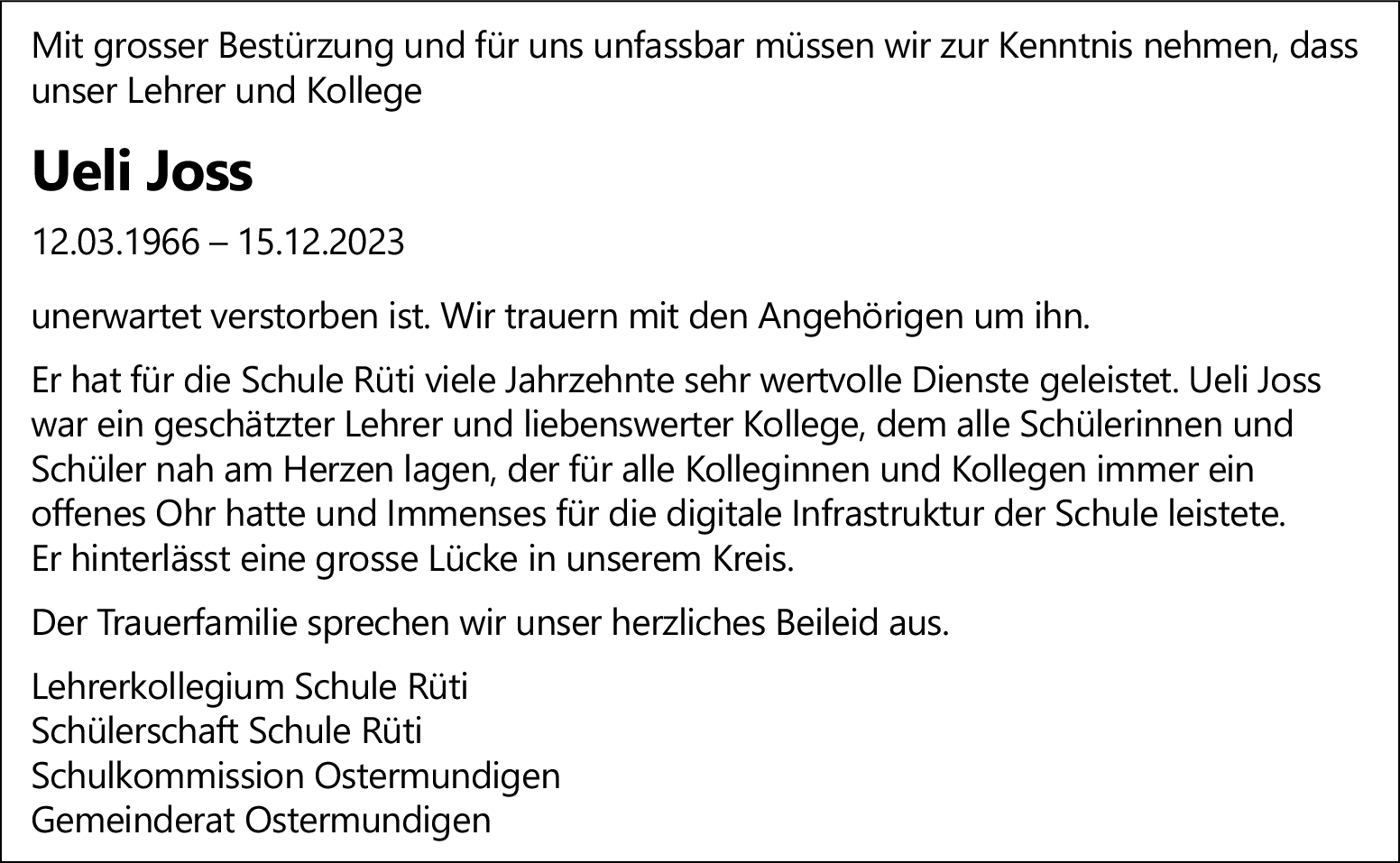 Ueli Joss | Hommages