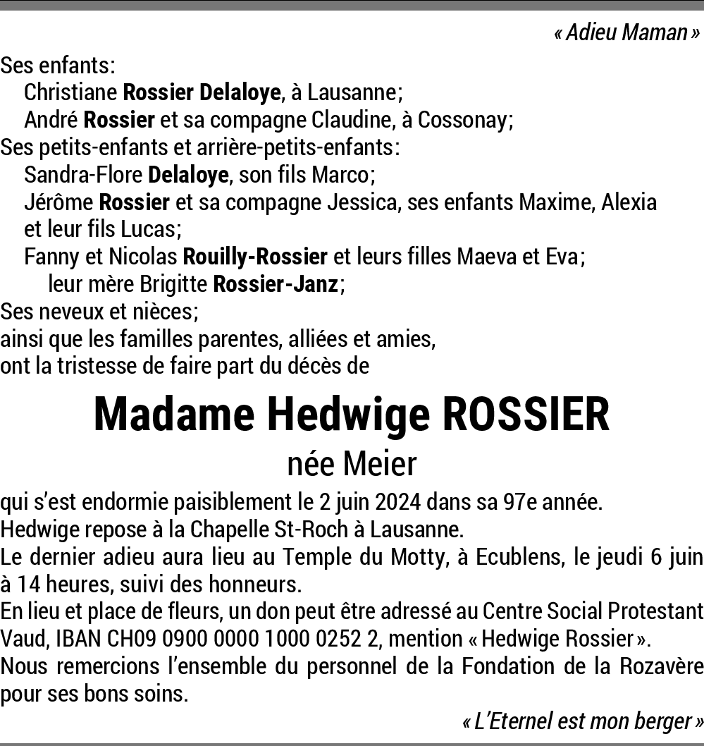 Hedwige Rossier | Hommages