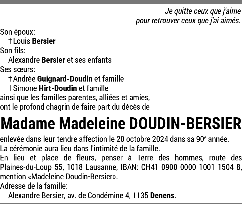 Madeleine Doudin-Bersier | Hommages