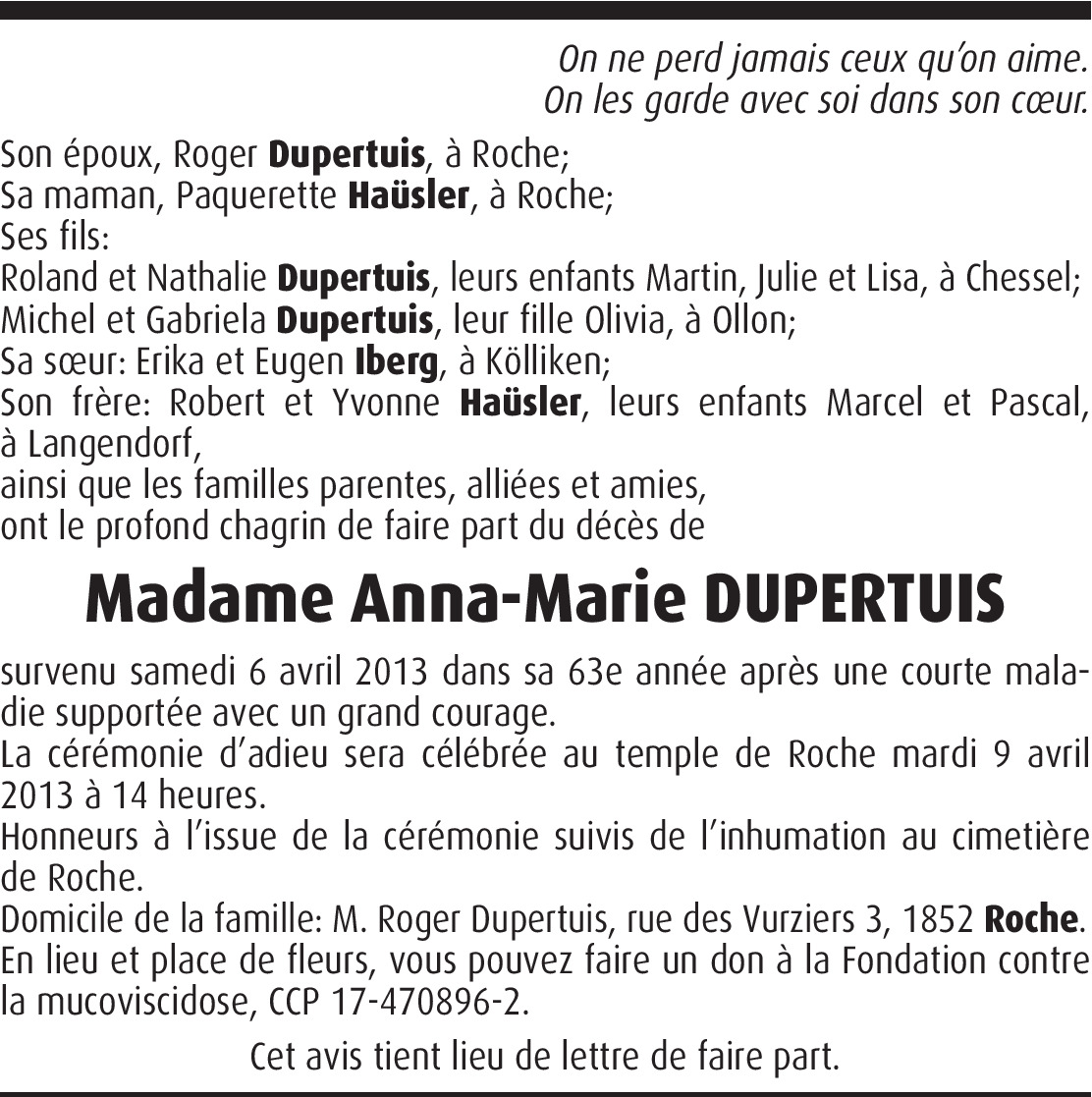 Anna-Marie Dupertuis | Hommages