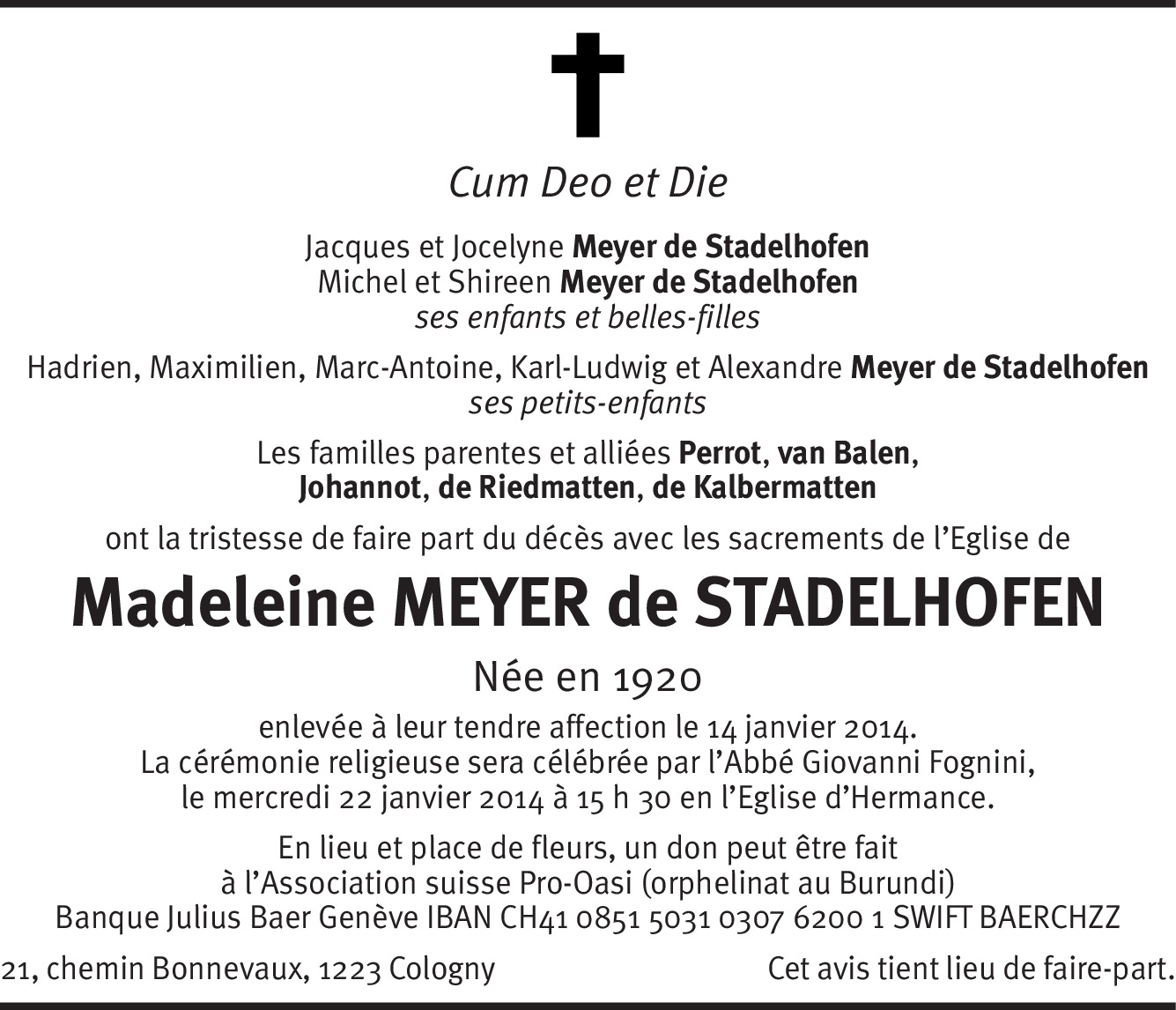 Madeleine Meyer de Stadelhofen | Hommages