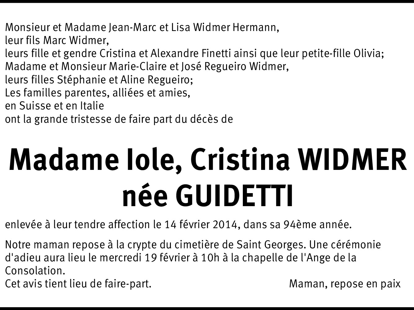 Iole Cristina Widmer Guidetti | Hommages