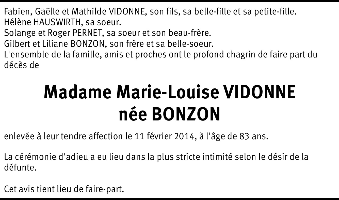 Marie-Louise Vidonne Bonzon | Hommages