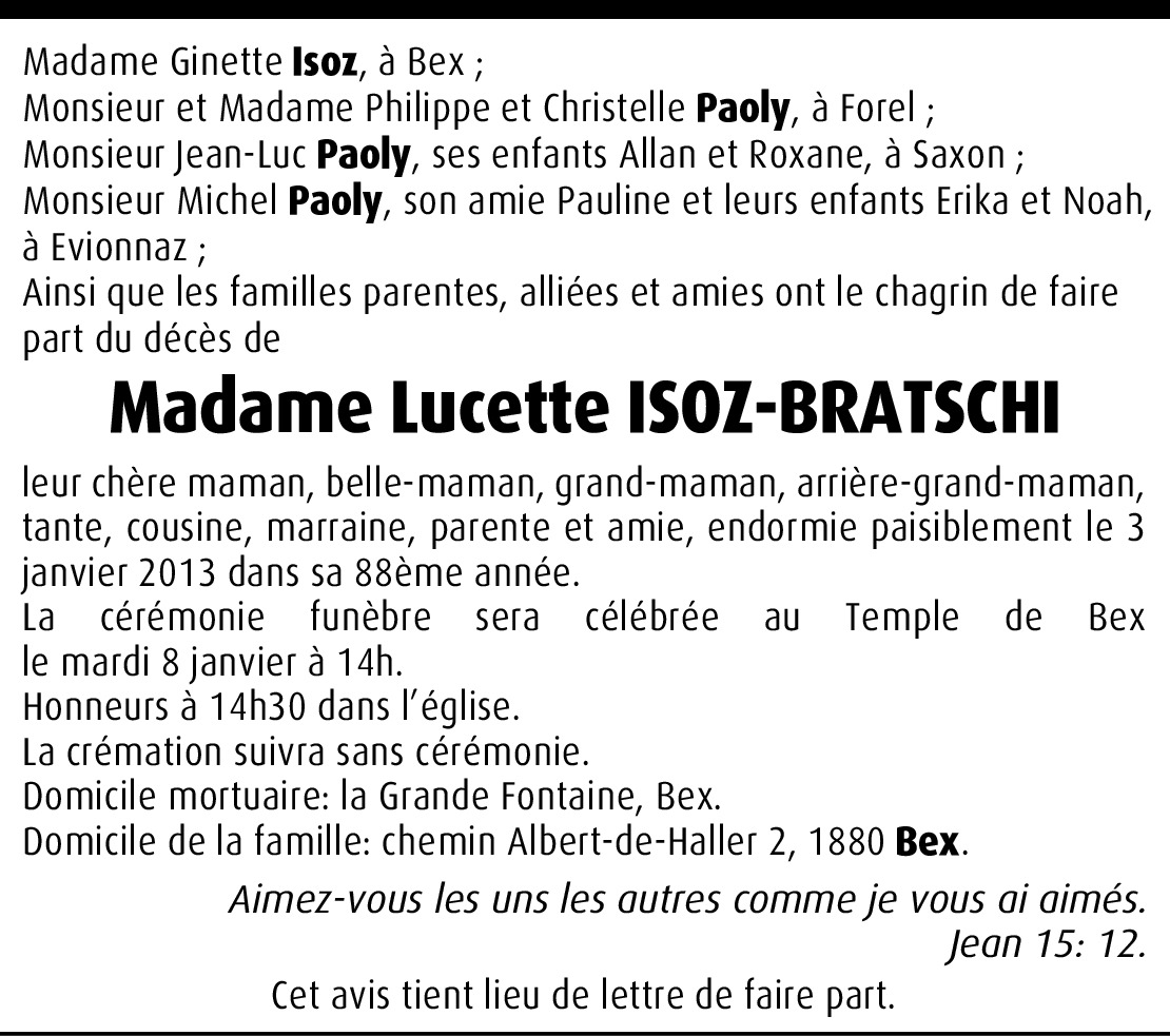 Lucette Isoz-Bratschi | Hommages