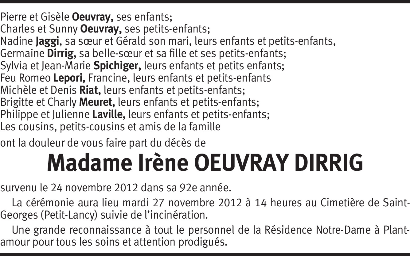 Irène Oeuvray Dirrig | Hommages