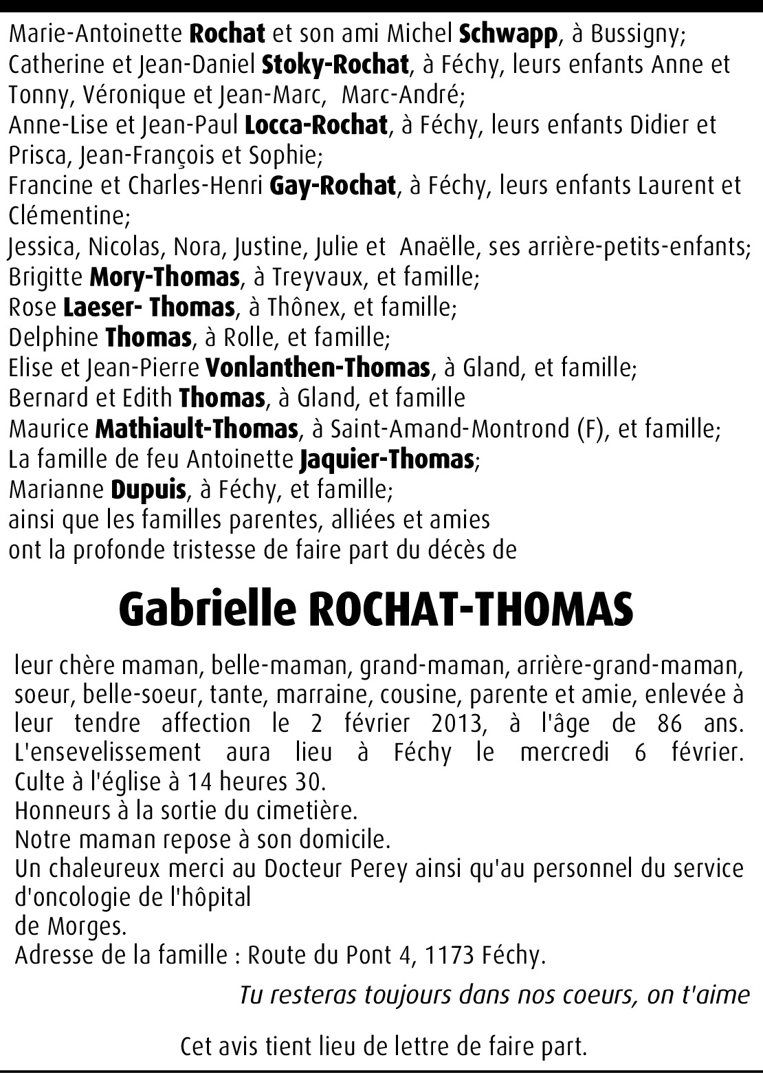 Gabrielle Rochat-Thomas | Hommages