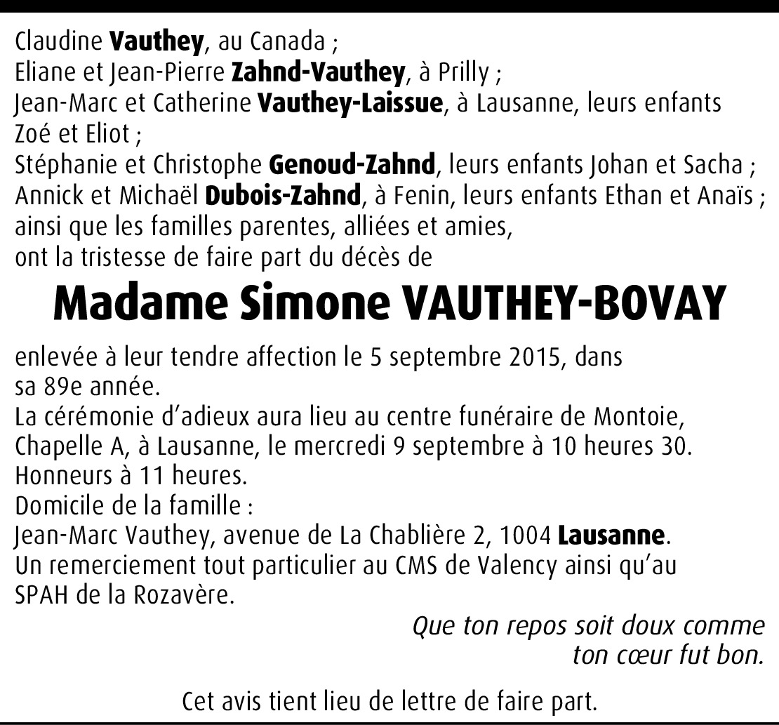 Simone Vauthey-Bovay | Hommages