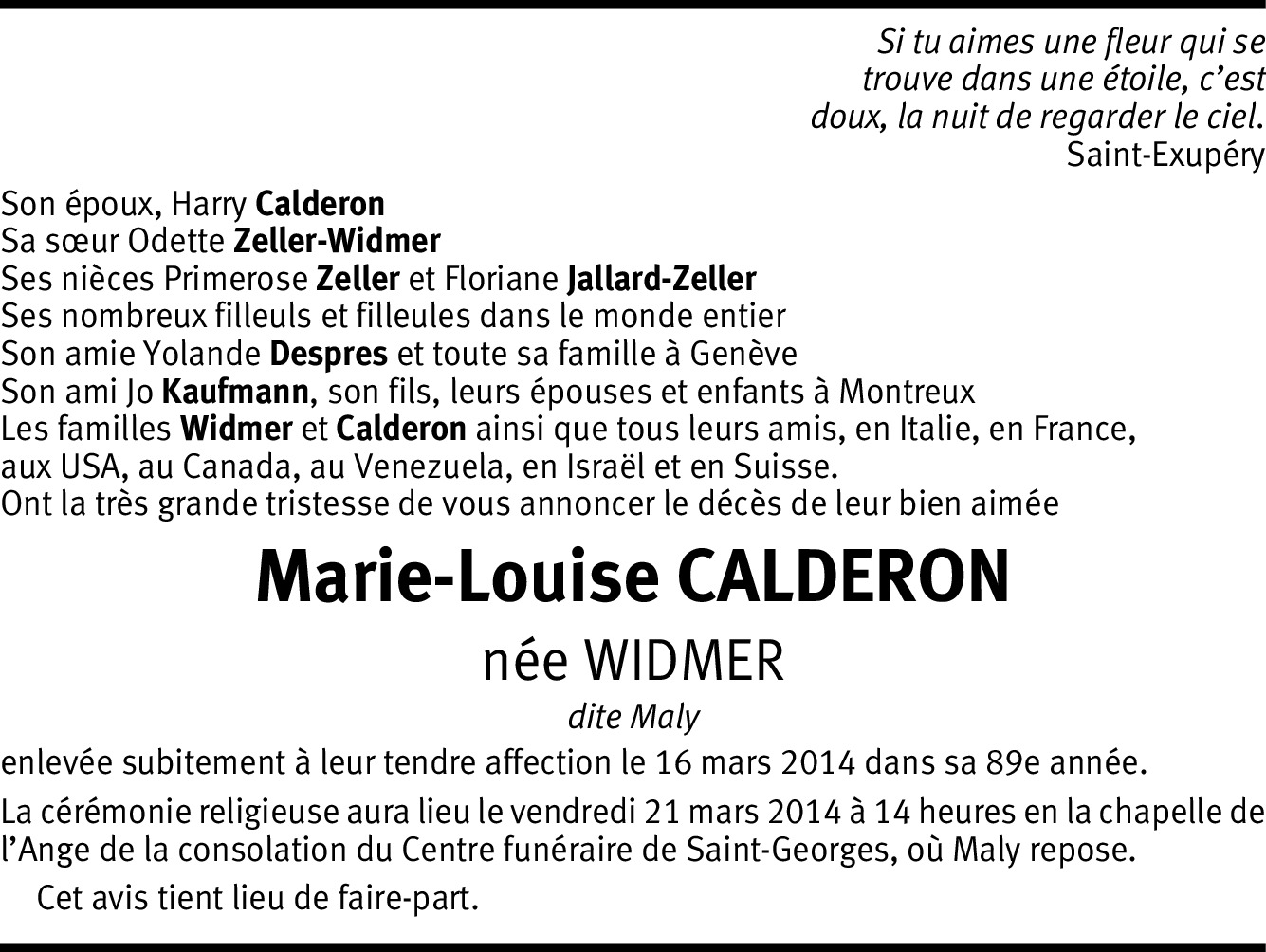 Marie-Louise Calderon Widmer | Hommages