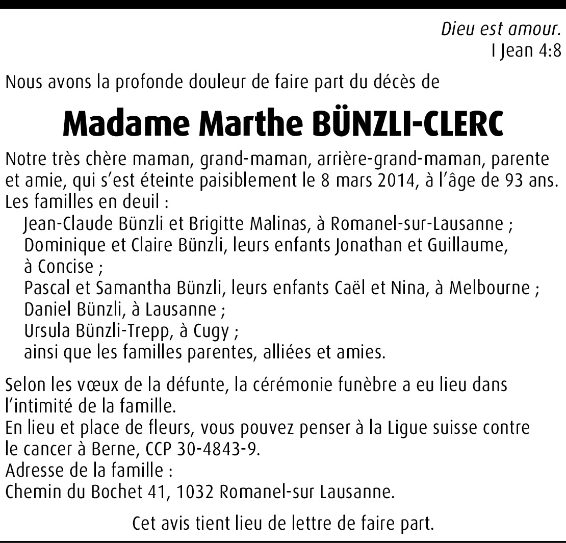 Marthe Bünzli-Clerc | Hommages