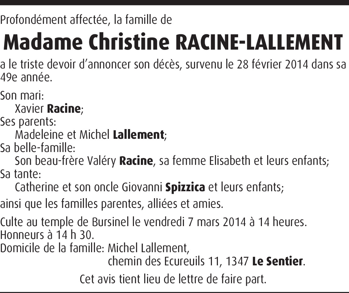 Christine Racine-Lallement | Hommages