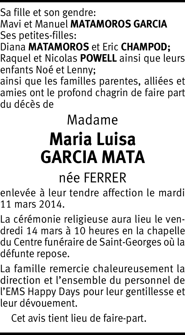 Maria Luisa Garcia Mata Ferrer | Hommages