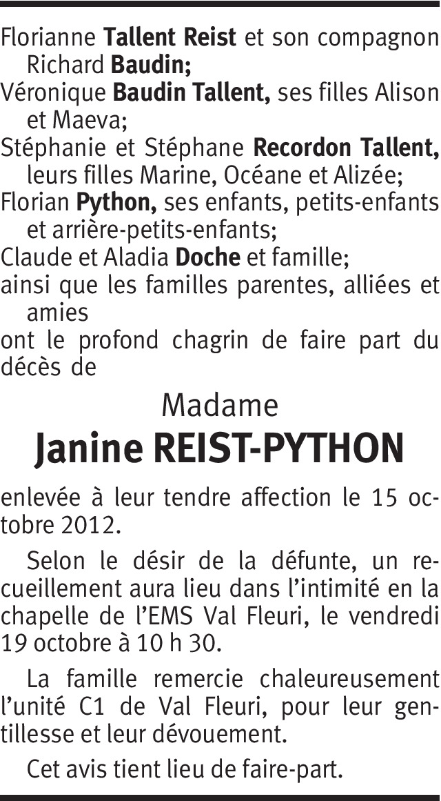 Janine Reist-Python | Hommages