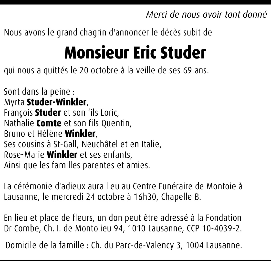 Eric Studer | Hommages