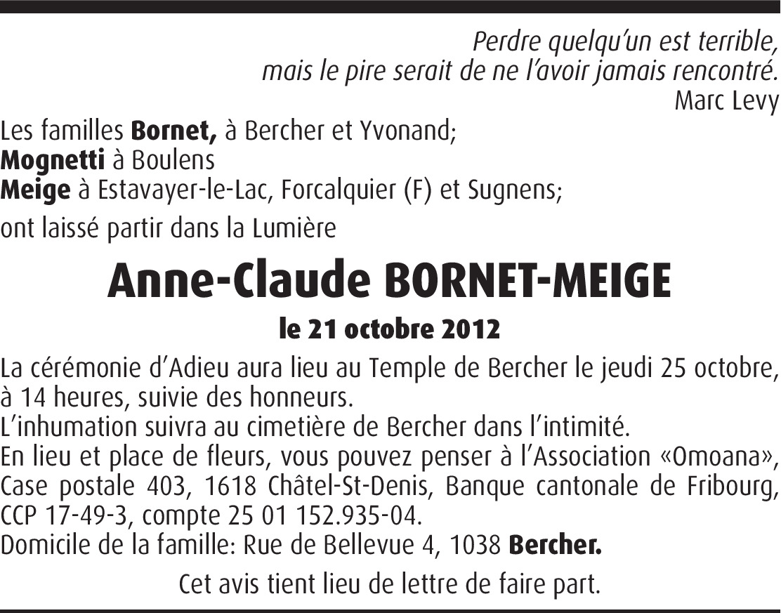 Anne-Claude Bornet-Meige | Hommages