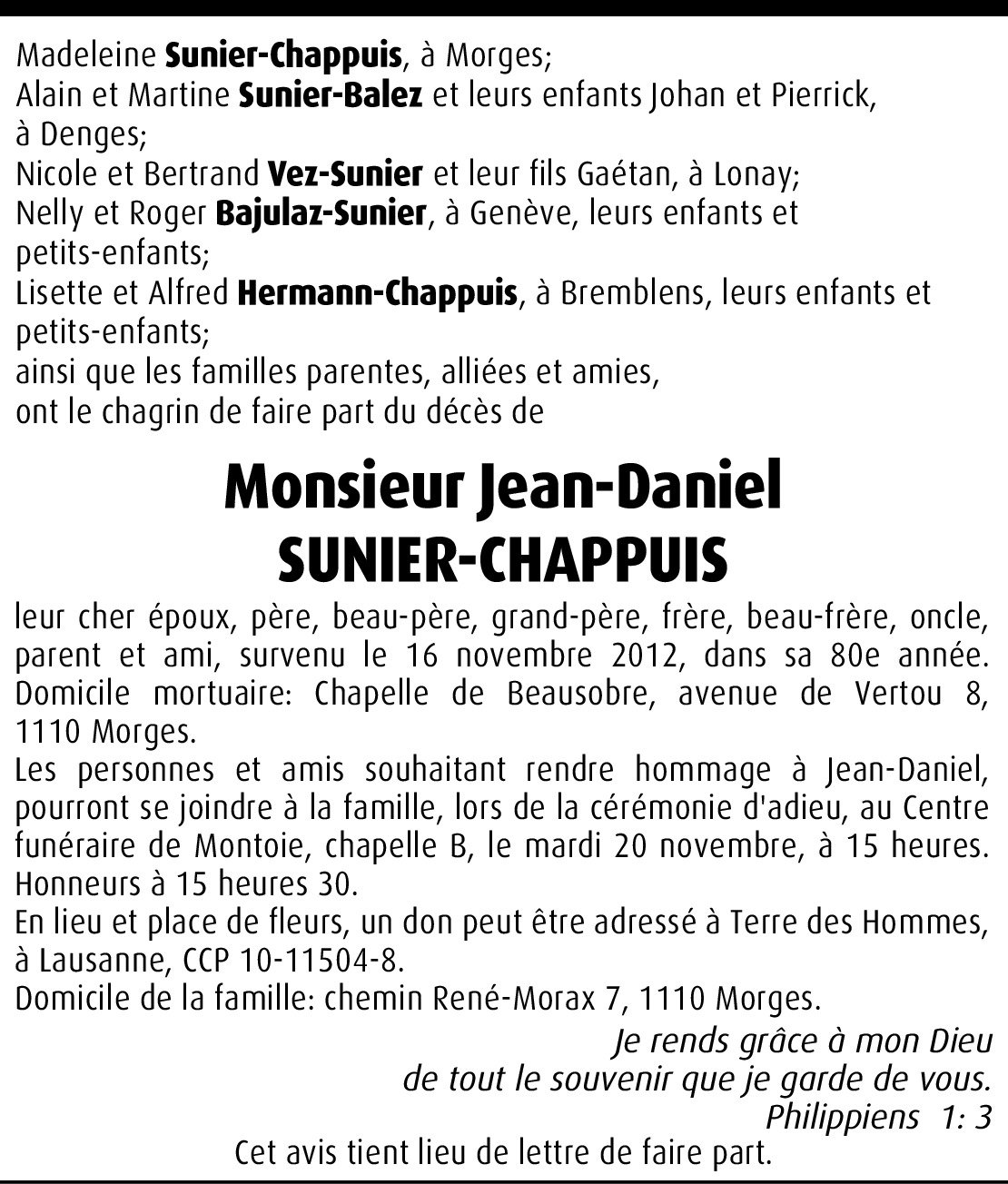 Jean-Daniel Sunier-Chappuis | Hommages