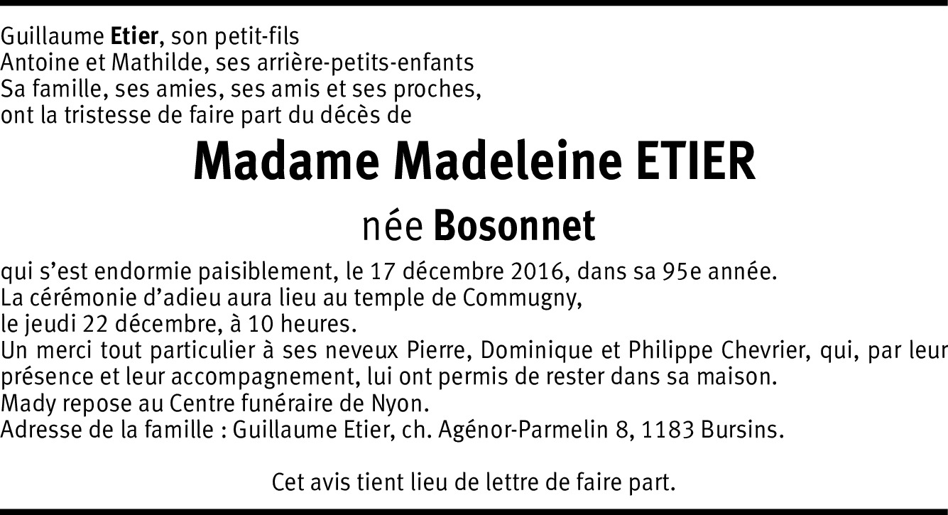 Madeleine Etier Bosonnet | Hommages