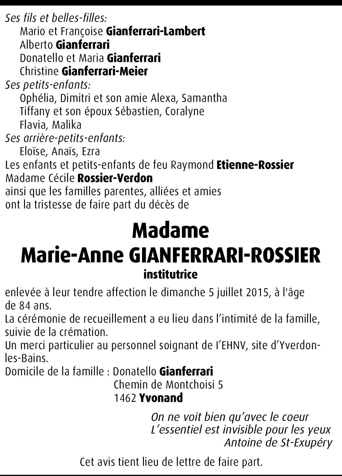 Marie-Anne Gianferrari-Rossier | Hommages